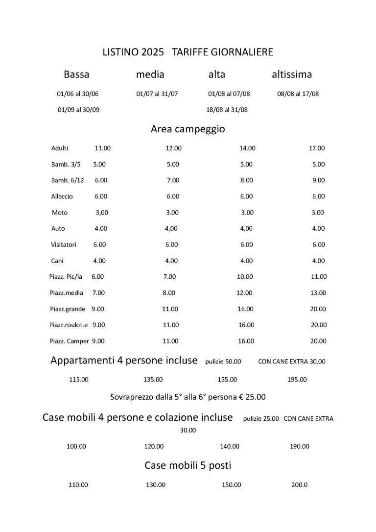 Listino Prezzi Camping Cala D'Ambra San Teodoro, Olbia Tempio