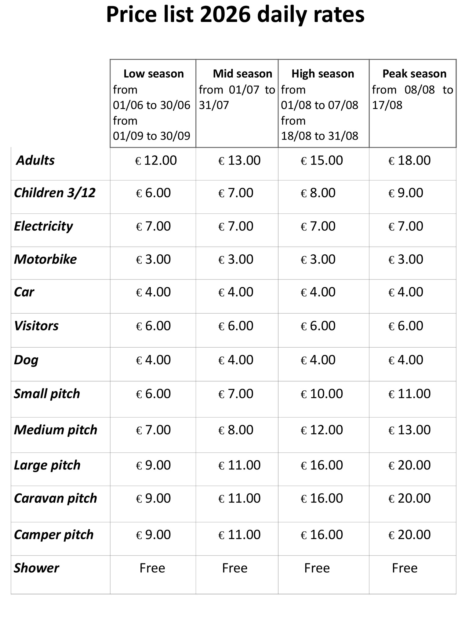 Price List Camping Cala D'Ambra, San Teodoro, Olbia Tempio
